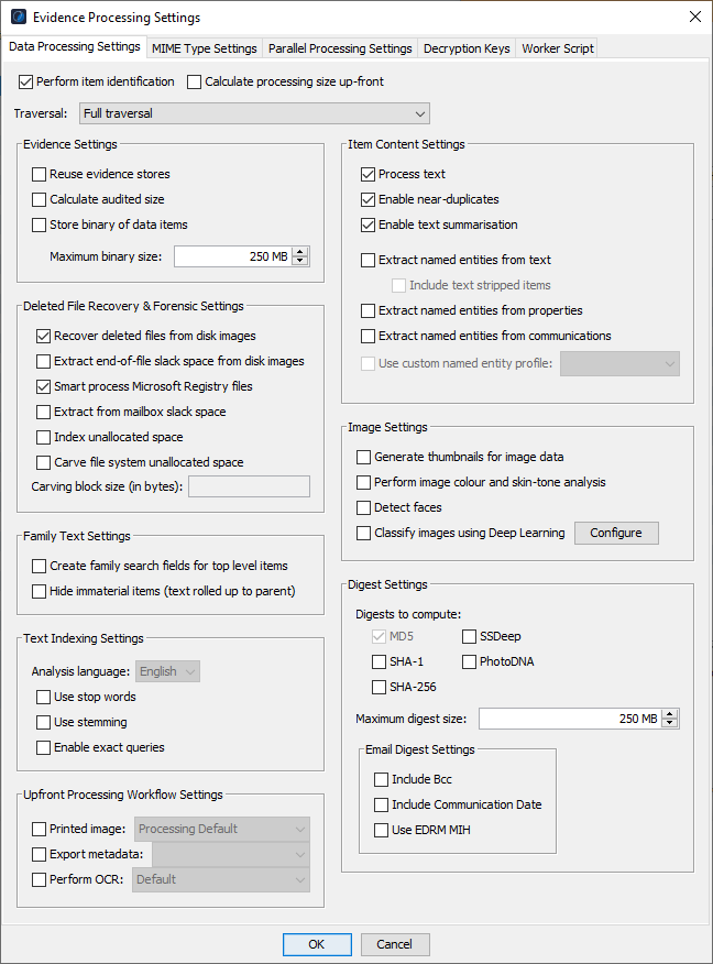 Configure data processing settings